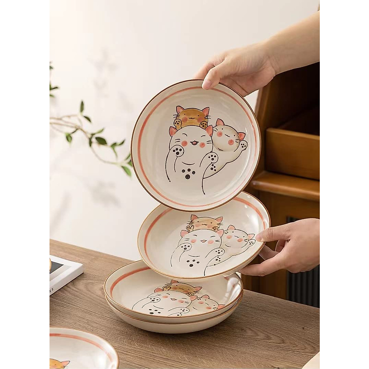 LAKistagu White Pasta Serving Bowls 24 Ounce,White Ceramic Cute Japanese Salad Dinner Bowl Plates.8 Inch Porcelain Pasta Shallow Bowl Deep Plate.(Round Cat)