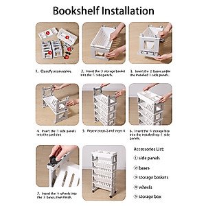 5 Tier Book Rack Storage Bookshelf, Mobile Bookshelf with Wheels, Removable Movable Unique Bookcase, Rolling Book Cart, Bookshelves for Students Study in Dorm Classroom Living Room School(White Grey)