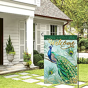 wondever Welcome Peacock Garden Flag 12×18 Double Sided Vertical Burlap Peacock Blue Feathers Yard Flags for Farmhouse Yard Holiday Celebration Outdoor Flags Decor