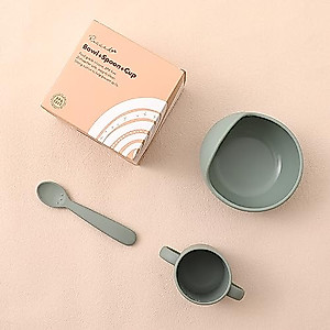 ROCCED Baby Silicone Bowls with Suction Toddler Bowls and Spoons Set Training Cups for Baby Silicone Baby Feeding Set Baby Cups with 2 Handles Silicone-Sage
