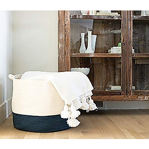 Chloe and Cotton XXXL Extra Large Woven Rope Storage Basket 15 x 21 inch Navy White Handles | Decorative Laundry Clothes Hamper, Blanket, Towel, Baby Nursery Diaper, Toy Bin Cute Collapsible Organizer