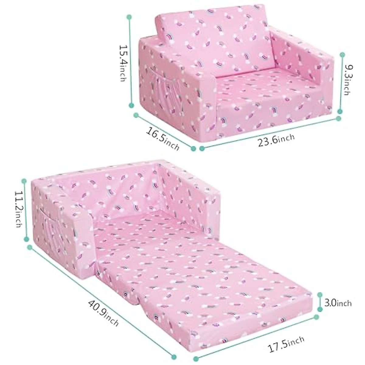MallBest Kids Sofas Toddler Couch Bed Baby's Upholstered Chair Sleepover Couch Flipout Open Recliner(Pink/Rainbow)