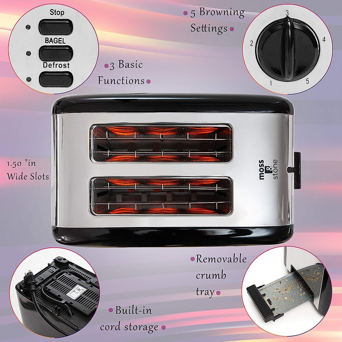 Moss & Stone 2 Slice Toaster, 1.5in Extra-Wide Slot Toaster For Bagel & Defrost with 5 Shade Settings, Bread Toaster 2 Slice With Removable Crumb Tray (black toaster)