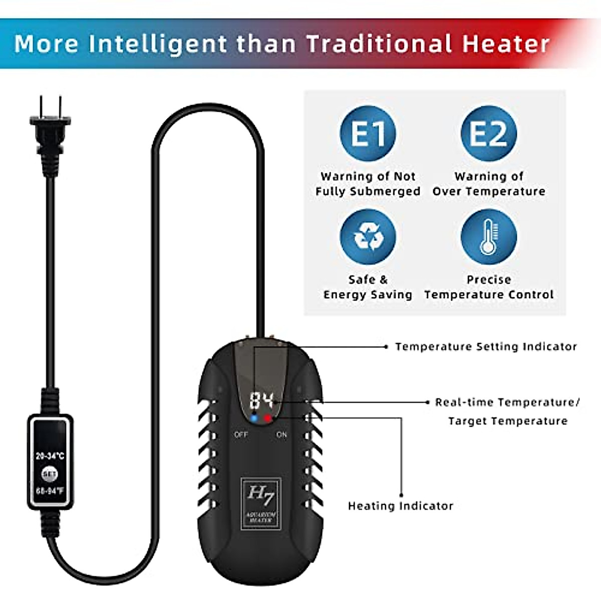 Hoosel Small Submersible Aquarium Heater, 50W Betta Fish Tank Heater with Electronic Thermostat Adjustable LED Digital Temperature Display
