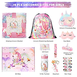 Runeaoys Unicorn Toys for Girls Age 4-6 6-8, Girl Christmas Birthday Thanksgiving Gifts Box for 3 4 5 6 7 8 9 10 Year Old with Unicorn Glow in The Dark Blanket Water Bottle Kairclip Bag