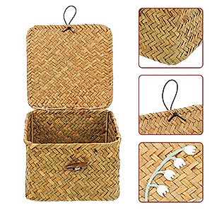 Zerodeko Seagrass Woven Storage Bin with Lid, Wicker Storage Basket Flat Rattan Storage Bin Handwoven Sundries Storage Box Square Lidded Box Closet Wardrobe Organizer