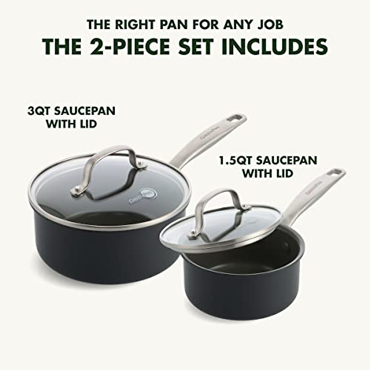 GreenPan Chatham Hard Anodized Healthy Ceramic Nonstick, 1.1QT and 2.1 QT Saucepan Set with Lids, PFAS-Free, Dishwasher Safe, Oven Safe, Gray