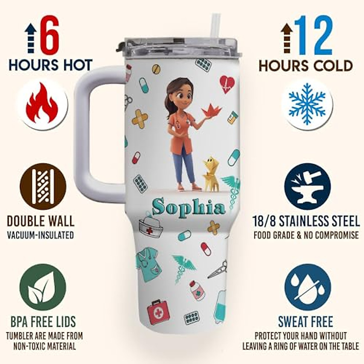 Personalized Nurse Tumbler 40oz -nurse therapeutic origami instructor-Custom Name Insulated Travel Mug with Handle & Straw, Gift for Nurses, Medical Workers, Appreciation, Mother's Day eHvkOU