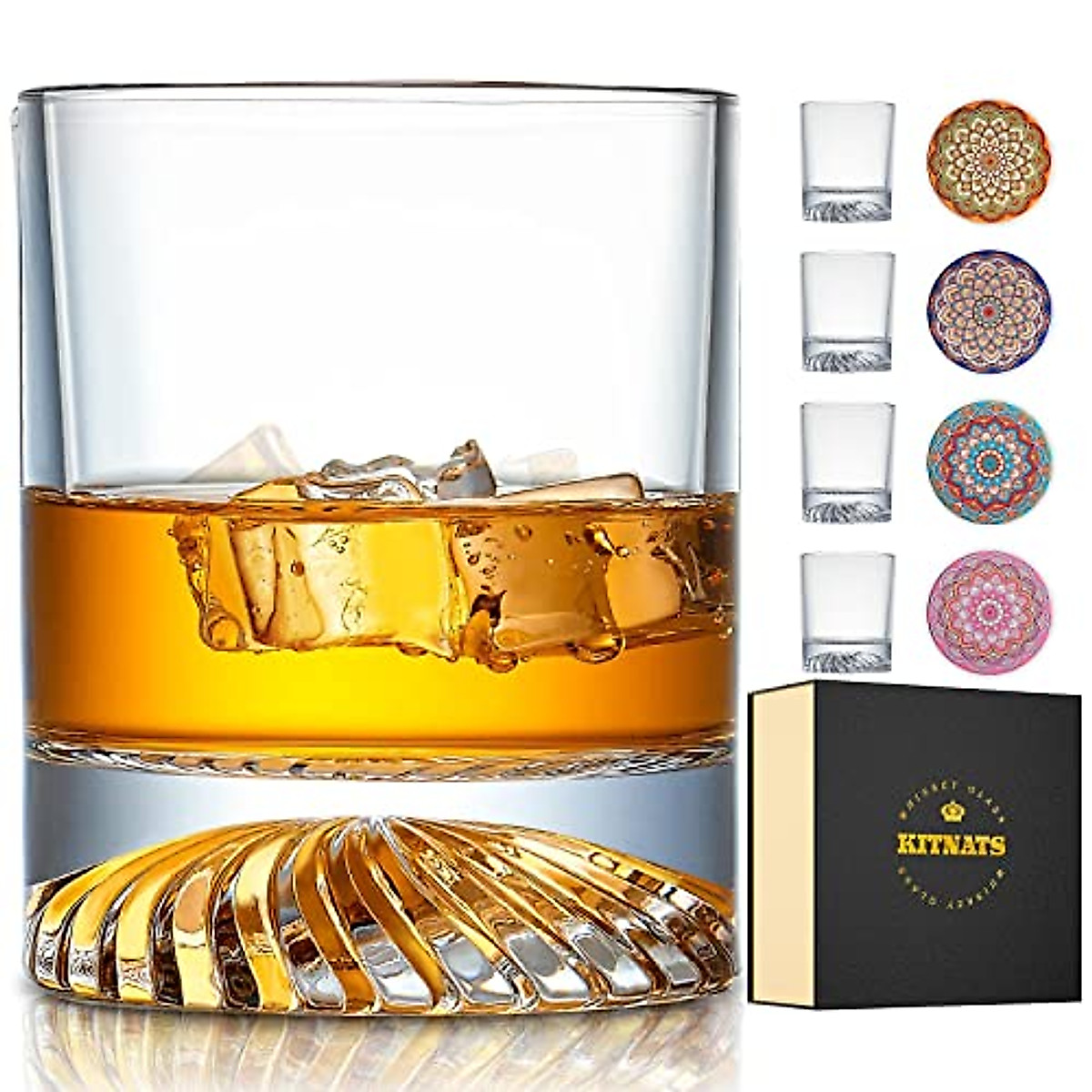 KITNATS Old Fashioned Whiskey Glasses Set of 4 12oz Rocks Glasses Coaster set Drinking for Bourbon Scotch Cocktails Rum Cognac Vodka Perfect Gifts for Men