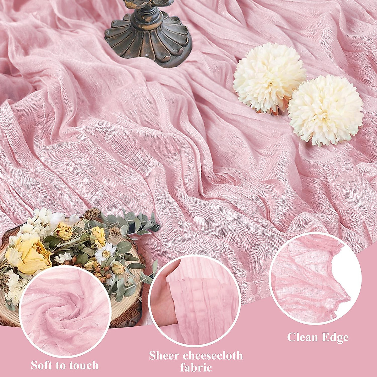 Asee'm Fall Table Runner Cheesecloth 10FT Blushing Pink Boho Gauze Fabric Rustic Sheer Cheese Cloth Runners for Wedding Bridal Shower Party Thanksgiving Decoration