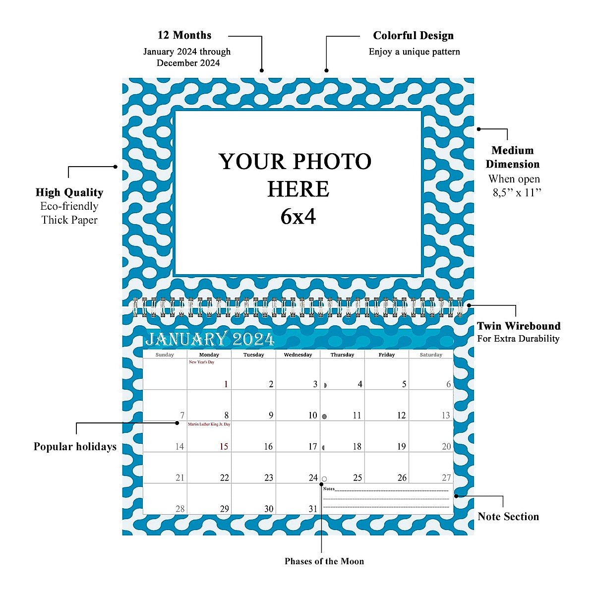 2024 Photo Frame Wall Spiral-bound Calendar (Add Your Own Photos) - 12 Months Desktop/Wall Calendar/Planner - (Geometrics Edition #004)