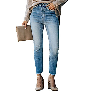 Sidefeel Women's Classic Skinny Frayed Ankle Denim Zimbaplatinum Stretch Straight Jeans Size 14 Blue