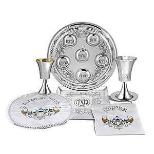 Passover Jerusalem Classics Seder Collection Complete Set Includes Seder Plate, Matzo Tray, Elijah Cup with Coaster, Kiddush Cup, Round Matzah Cover Afikoman Bag Pesach Dinnerware Set by Zion Judaica