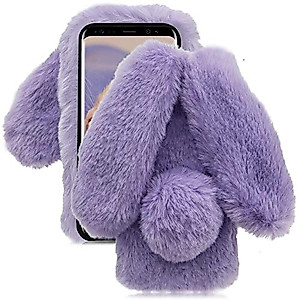 LCHDA Rabbit Case for Samsung Galaxy S8, Cute 3D Bunny Ears Soft Furry Hairball Fuzzy Winter Warm Faux Fur Plush Fluffy Flexible TPU Bumper Protective Skin Cover for Women Girls - Purple