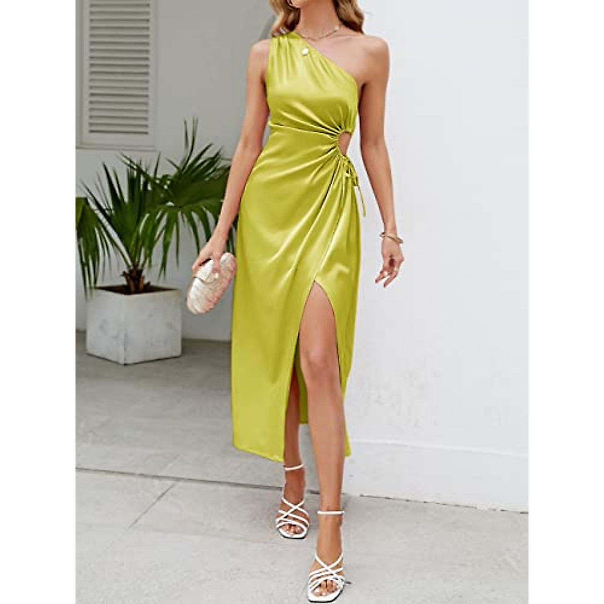 MEROKEETY Summer Dress for Women 2023 Satin One Shoulder Sleeveless Wedding Guest Maxi Dress,Olive,M
