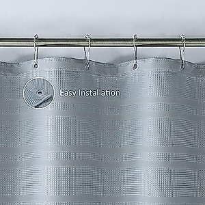 Home Queen Water Repellent Fabric Shower Curtains for Bathroom, Waffle Textured Heavy Duty Thick Cloth Shower Curtain, Hotel Luxury Weighted Polyester Bath Curtain, 70 x 72 Inches, Grey