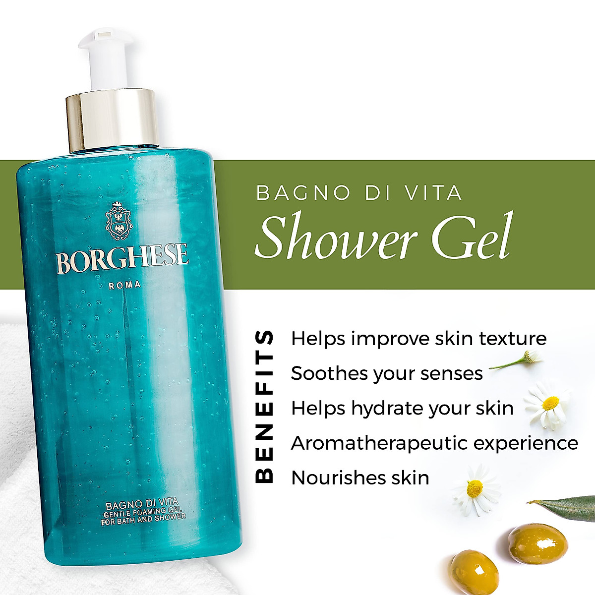 Borghese Bagno di Vita Gentle Foaming Bath & Shower Gel - Aromatherapy Hydrating Body Wash with Thyme, Chamomile & Sweet Almond Oil For All Skin Types