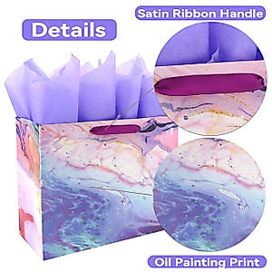 13" Large Purple and Red Gift Bag Set with Greeting Card and Tissue Paper(Marble Design) for Celebrating Birthdays, Valentine's Day, Weddings, Anniversaries, Mother's Day- 13”x5.2”x10.2”,1 Pcs