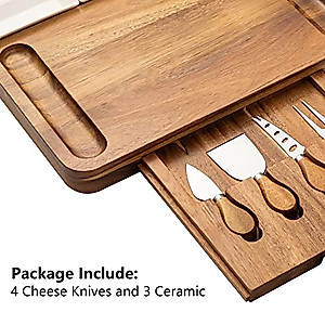 Oyydecor Cheese Board and Knife Set Large Acacia Wooden Charcuterie Board Set, Perfect Wood Serving Plate for Meats, Cheese, Crackers and Wine for Men and Women Thanksgiving Birthday Wedding Gifts