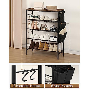 Hzuaneri 5 Tier Shoe Rack, Free Standing Shoe Storage for Entryway, Adjustable Shoe Organizer Shelves with 1 Side Pocket and 2 Hooks, Steel, Industrial, Rustic Brown and Black SR04101B