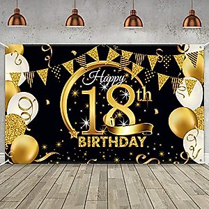 Birthday Party Decoration Extra Large Fabric Black Gold Sign Poster for Anniversary Photo Booth Backdrop Background Banner, Birthday Party Supplies, 72.8 x 43.3 Inch (18th)