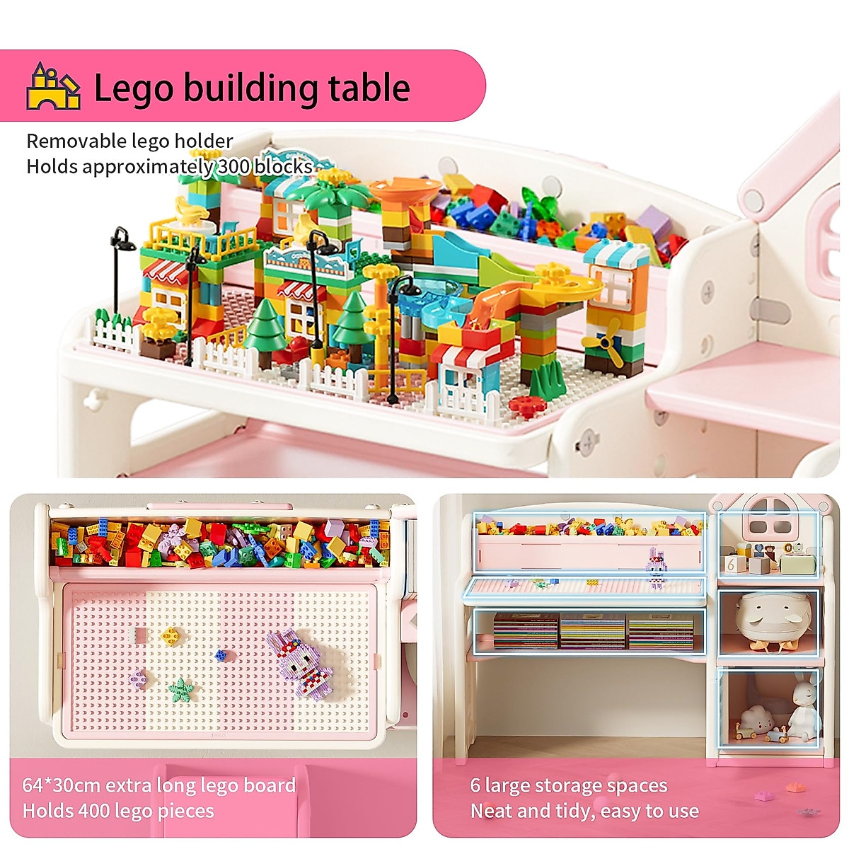 UNICOO Kids 3 in 1 Multifunctional Desk, Kids Activity Table, Children Height Adjustable Learning Desk, Toddler Drawing Table Art Table with Chair Set (QB-002-P Pink)