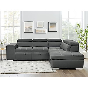 THSUPER 104'' Microfiber Sectional Sleeper Sofa with Pull-Out Bed, Sofa with Chaise & Storage Ottoman. 5 Seater L-Shaped Couch with Adjustable Headrest and Stools. Charcoal Grey