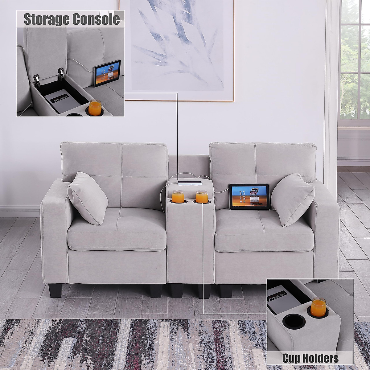 Generic Loveseat Sofa with Storage Ottoman & Console Cupholders, 2 Seater Modular Couch with Charging Station Modern Velvet Small Sectional Couch for Aparment,Home Office, Light Grey, F8001LIST