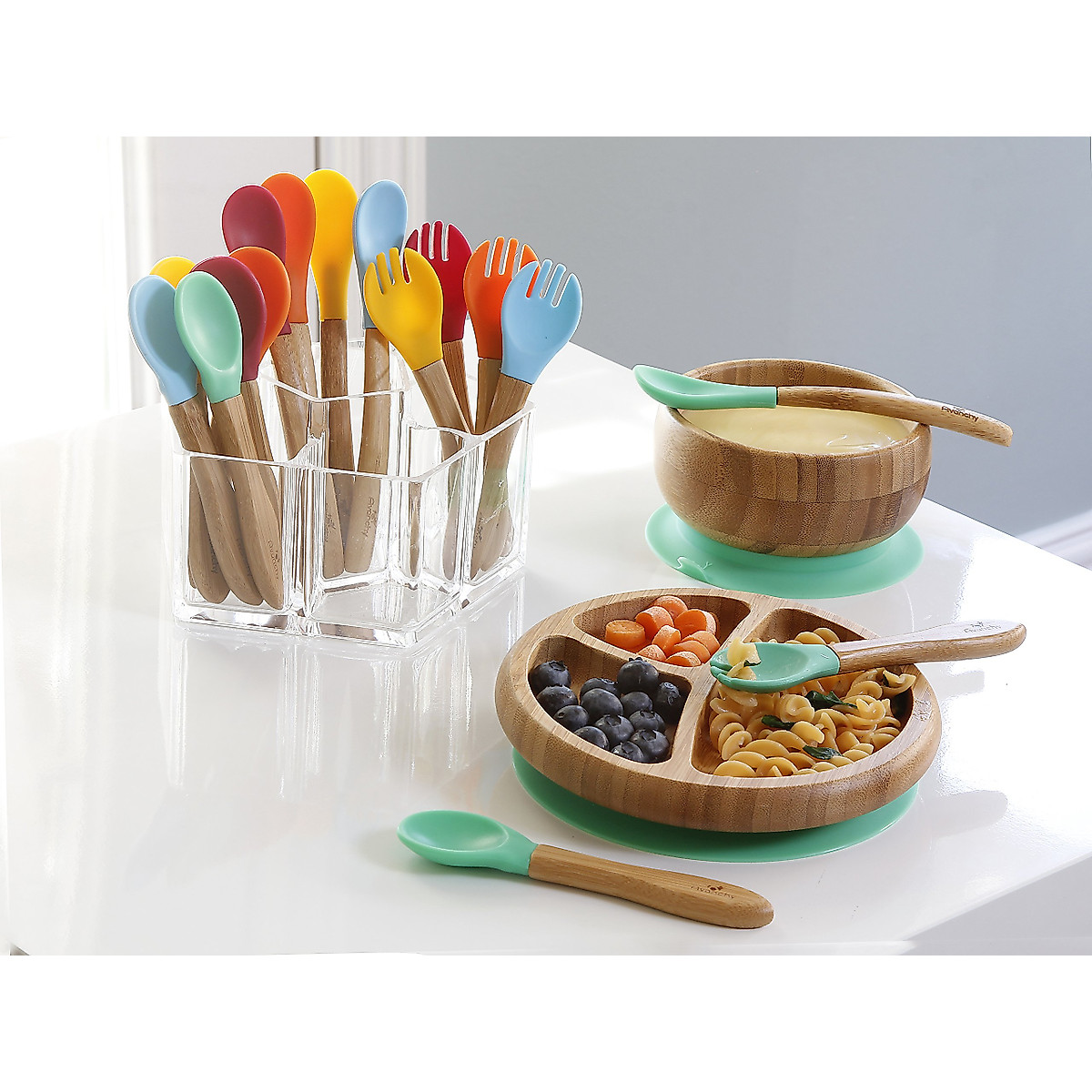 Avanchy Bamboo Baby Bowl + Baby Plate + 2 First Stage Spoons. Removable Suction Bottoms.