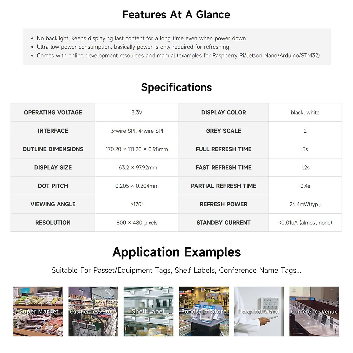 waveshare 7.5inch E-Ink Raw Display Compatible with Raspberry Pi 5/4B/3B/Zero/Zero W/Zero 2W/Pico/Pico W/Pico WH 800×480 Resolution with SPI Interface Without PCB