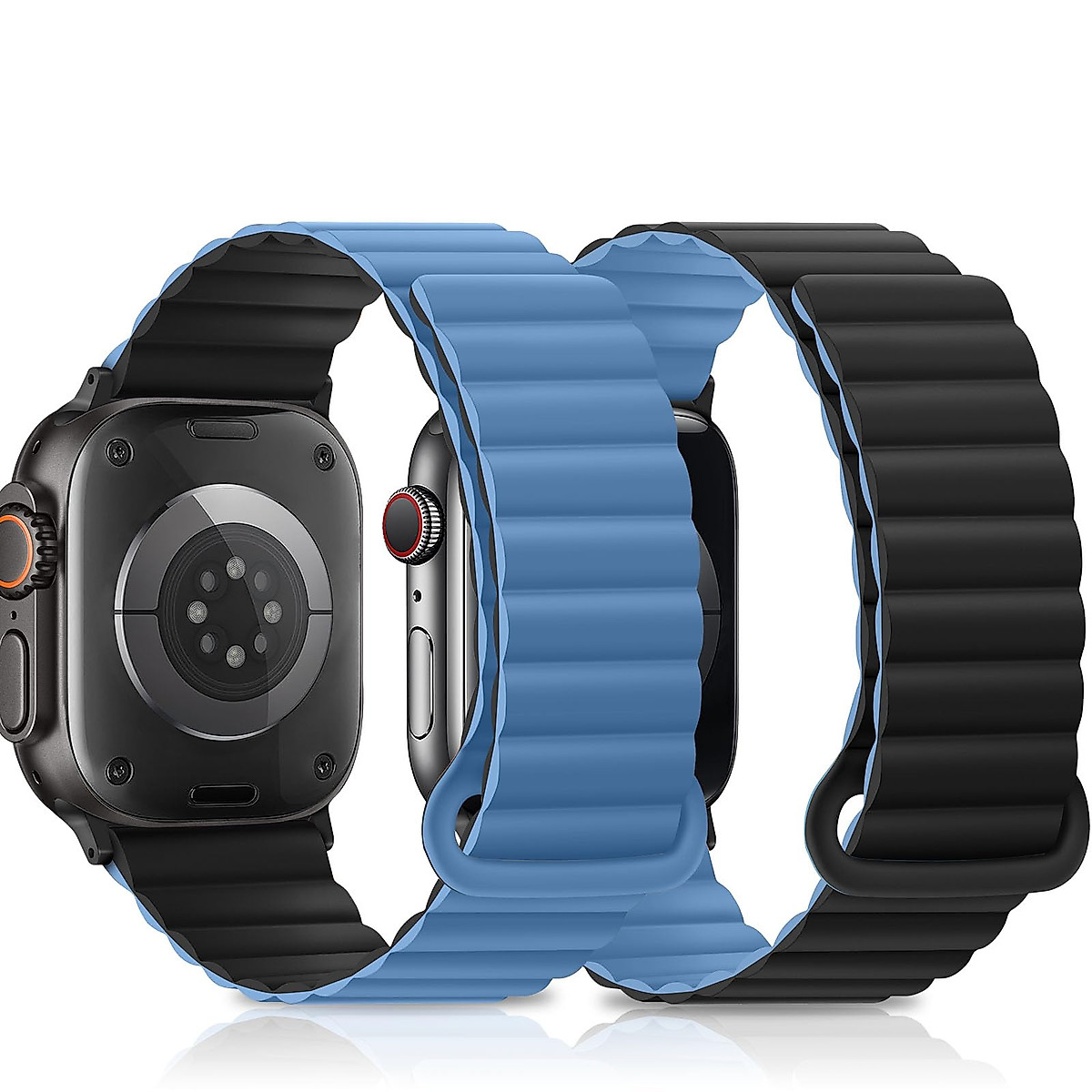 HITZEE Compatible with Apple Watch Band 49/46/45/44/42/41/40/38mm, Double Sided Silicone Magnetic Band Compatible for Apple Watch Ultra 2 Series 10 9 8 7 SE 6 5 4 (42/44/45/46/49mm, Blue Black)