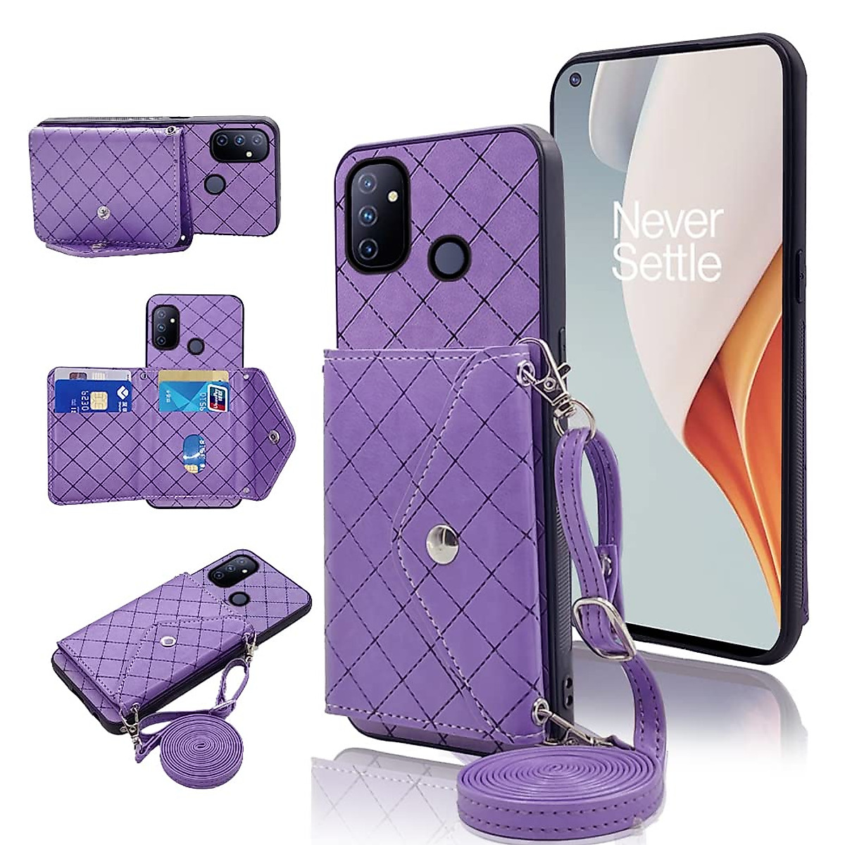 Compatible with OnePlus Nord N100 Wallet Case with Crossbody Shoulder Strap and Stand Leather Credit Card Holder Cell Phone Cover for One Plus N 10 G5 1 Plus 10N 1plus One+ 1+Nord N100 Purple