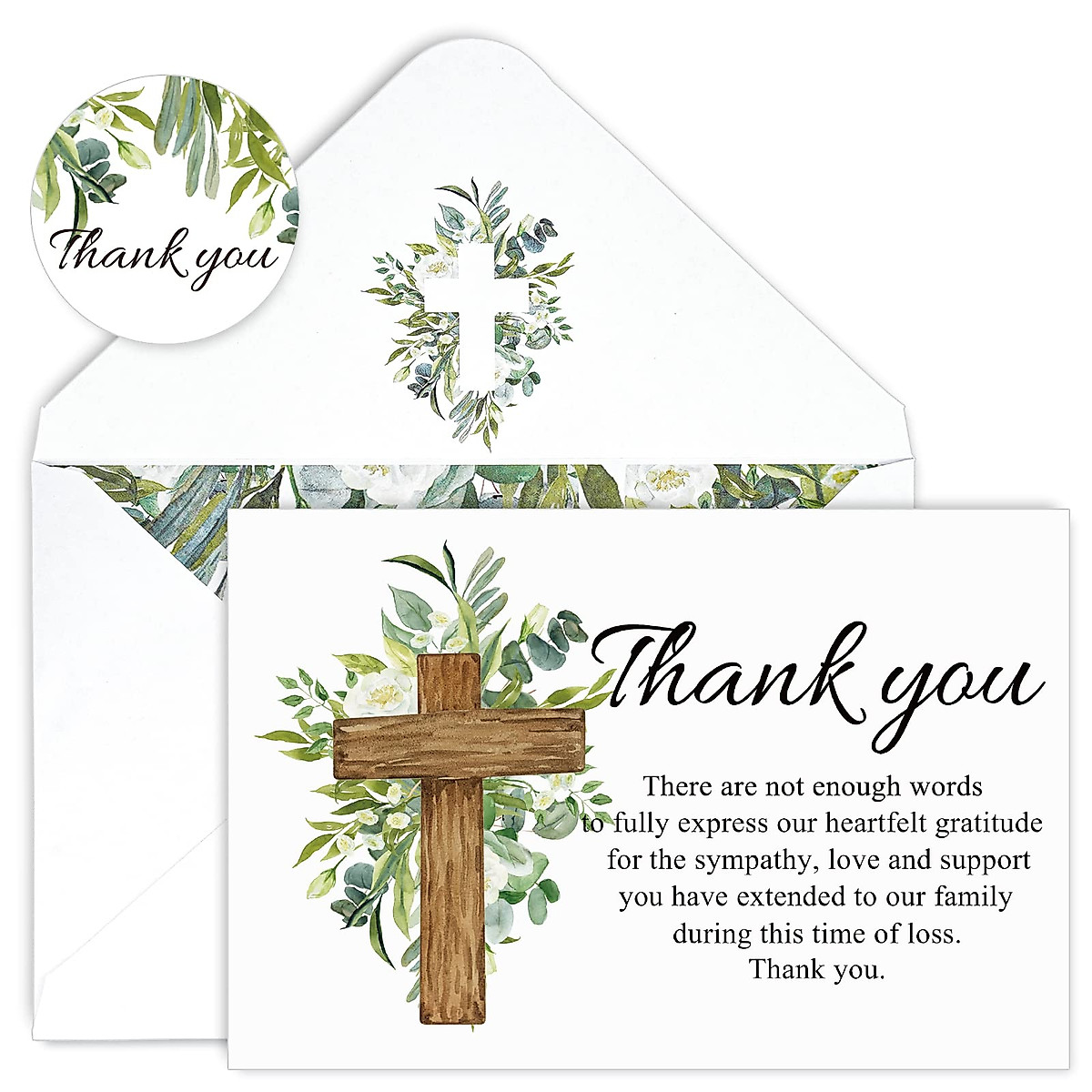 AnyDesign 48Pcs Funeral Thank You Cards Sympathy Thank You Card with Stickers Envelopes Watercolor Greenery Cross Bereavement Card with Message for Memorial Service Loved Ones Celebration of Life