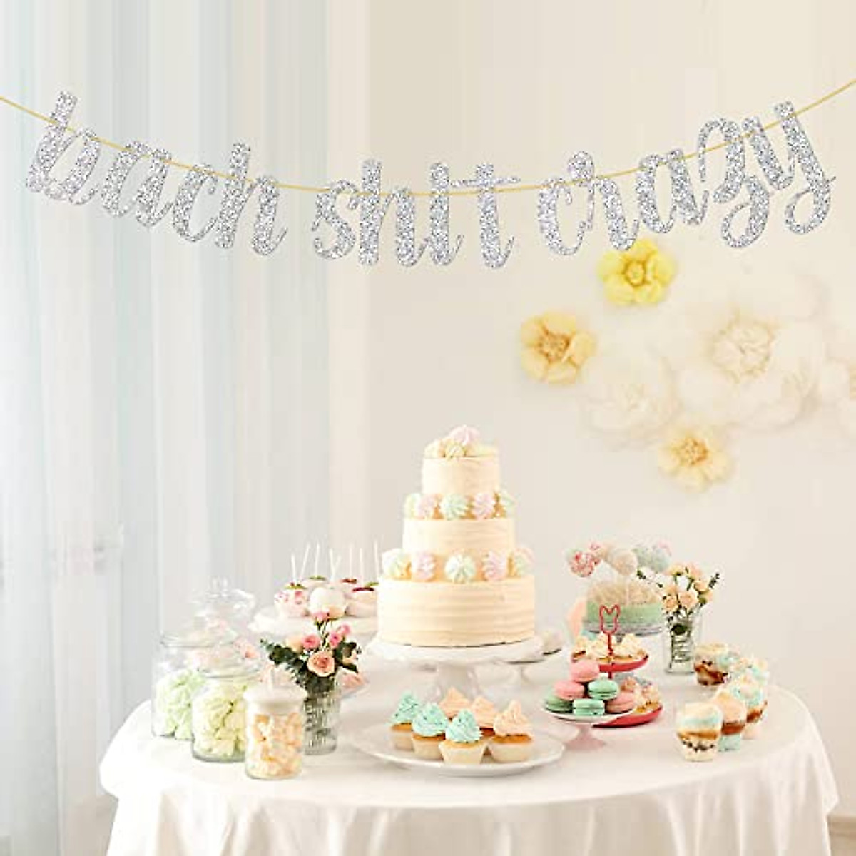 WeBenison Bach Shit Crazy Banner / Funny Bachelorette Engagement Party Banner / Bridal Shower Party Decoration Supplies / Silver Glitter