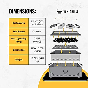 YAK Grills Hibachi Charcoal Grill - Easy to Use Charcoal Grill - Outdoor Tabletop Safe - Great for Travel, Camping, Patio, Balcony - Made from Stainless Steel - Operates Up to 750ºF - 5 Yr Warranty (Matte Black)