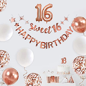 Rose Gold Sweet 16 Happy Birthday Banner Garland for Sweet 16 Decorations Hanging Sweet 16 Signs Foil Balloon 16 for Girls 16th Happy Birthday Party Banner for Sweet Sixteen Party Decor Supplies