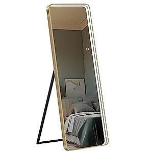 SDHYL Full Length Mirror with Lights, 64"x20" LED Mirror Full Length with Stand, Full Body Mirror with Touch Button and Plug, Dimmable Brightness Dressing Mirror for Living Room, Round Coner, Gold