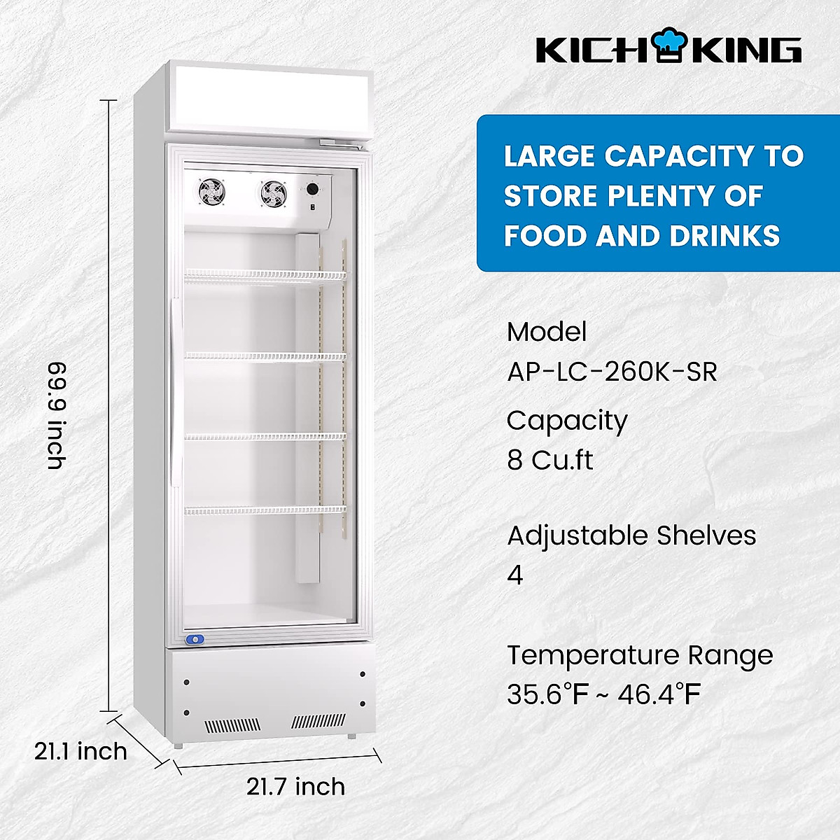 KICHKING 8.0 Cu.ft Merchandiser Refrigerator, 35~46?, 21.7" W Glass Door Upright Display Refrigerator, Light Box Beverage Cooler, LED Lighting, Drink Fridge-Silver, for Home Restaurant Grocery Stores
