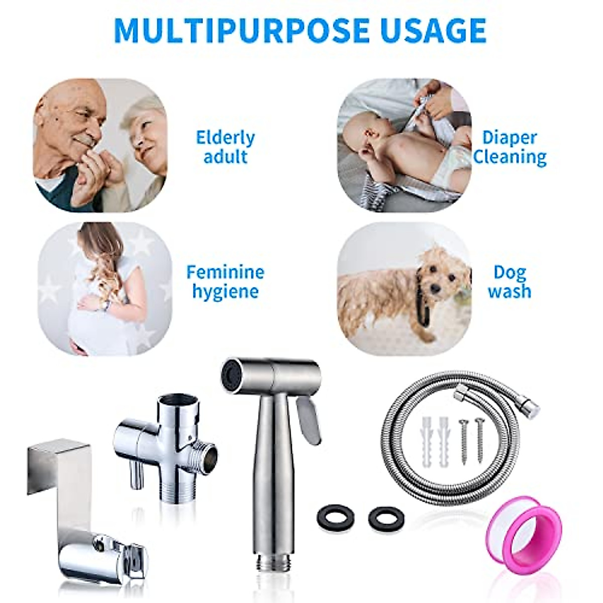 Bidet Sprayer for Toilet,Stainless Steel Handheld Bidet Shattaf Toilet Spray,Baby Cloth Diaper Sprayer Kit, Bathroom Toilet Bidet Attachment Set for Bathing Pets Feminine Hygiene