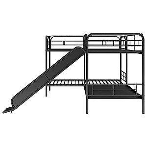 KoiHome Twin Size L-Shaped Triple Bunk Bed with Stair&Slide and Safety Guardrail, Metal 3-in-1 Bunk Beds, Girls Boys Bed Frame Bunk for Teens,Kids Adults, Bedroom,Dorm, No Box Spring Needed, Black