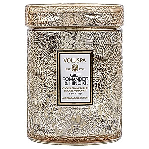 Voluspa Gilt Pomander & Hinoki Candle | Small Glass Jar | 5.5 Oz. | 50 Hr. Burn Time | All Natural Wicks and Coconut Wax for Clean Burning | Vegan