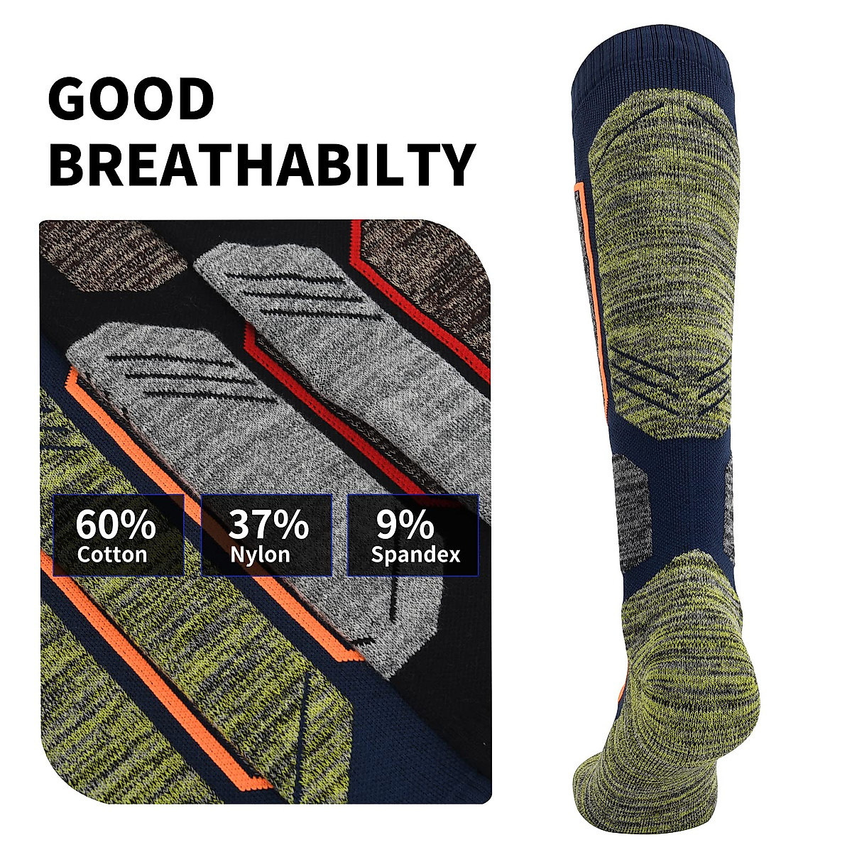 Ski Socks 2 Pairs Pack,Knee High Socks for Men Women Unisex Thick Snow Skiing Snowboard Socks (Fits womens 6-13, fits mens 7-12, Black +Blue)