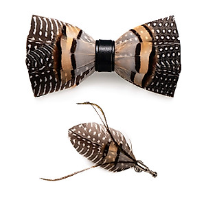 RBOCOTT Leather Feather Handmade Pre-tied Bow tie and Brooch Sets for Men(2)