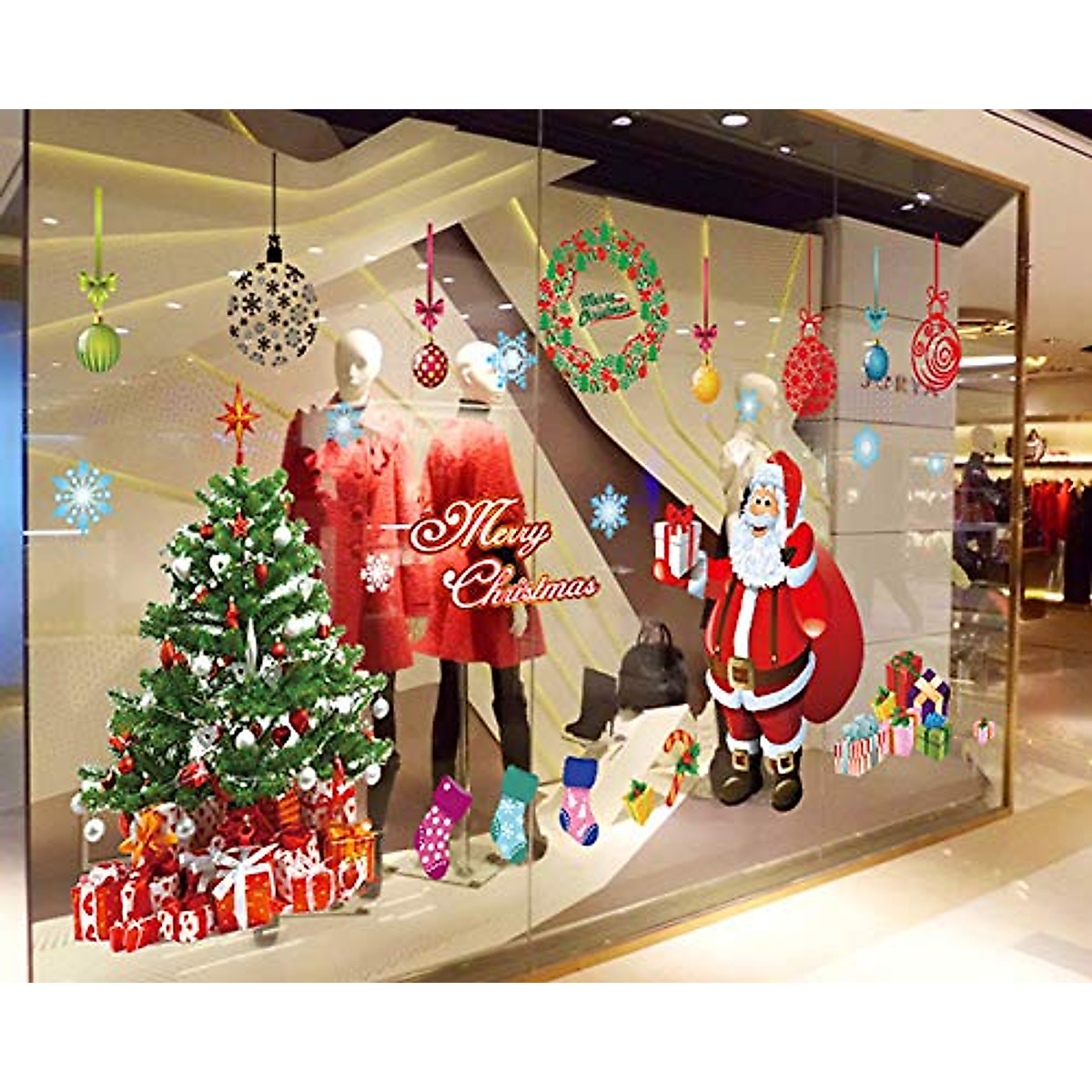 YULOONG Christmas Windows Static Stickers Clings Removable Vinyl Santa Claus Christmas Tree Snowman Snowflake Deer DIY Wall Window Door Mural Showcase Decal Sticker