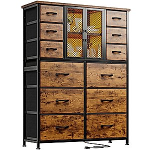 EnHomee Tall Dresser for Bedroom with 12 Drawer Dressers & Chests of Drawers for Closet with Power Outlets & LED Lights Large Dresser Organizer for Bedroom with Mesh Door, Rustic Brown