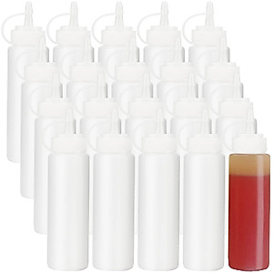 HEIHAK 20 Pack 8 oz Ketchup Squeeze Bottles, 250ml Plastic Condiment Bottles, Barbecue Squirt Bottles with Caps and Marking Labels for Ketchup, Sauces, Dressings, Paints, Crafts, White