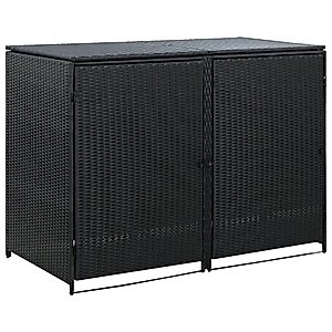 vidaXL Double Wheelie Bin Shed with Lid and Lockable Doors, Outdoor Garbage Bin Storage Shed, Weather-Resistant Sturdy Construction, Poly Rattan 31.5"x58.3"x43.7" Black
