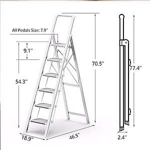 6 Step Ladder for 12 Feet High Ceiling, Lightweight Aluminum Folding Step Stool with Convenient Handgrip, Stepladders with Anti-Slip and Wide Pedal for Home and Kitchen Use Space Saving - Silver