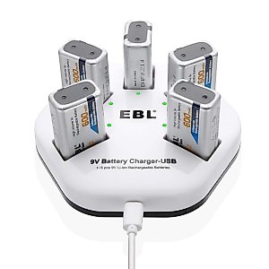 EBL 9V Rechargeable Batteries Lithium ion 9V 600mAh Batteries 600mAh (5 Packs) with 5 Bay 9V Battery Charger 2A Input for Smoke Alarm Detectors