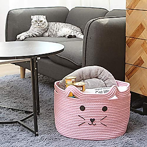 Sea Team Large Cotton Rope Storage Basket with Handles, Woven Storage Bin, Nursery Storage Box, Toys Clothes Organizer, Fabric Pet Storage Basket, Nest for Cat, Dog, 16.5 x 11.8 x 11 inches, Pink